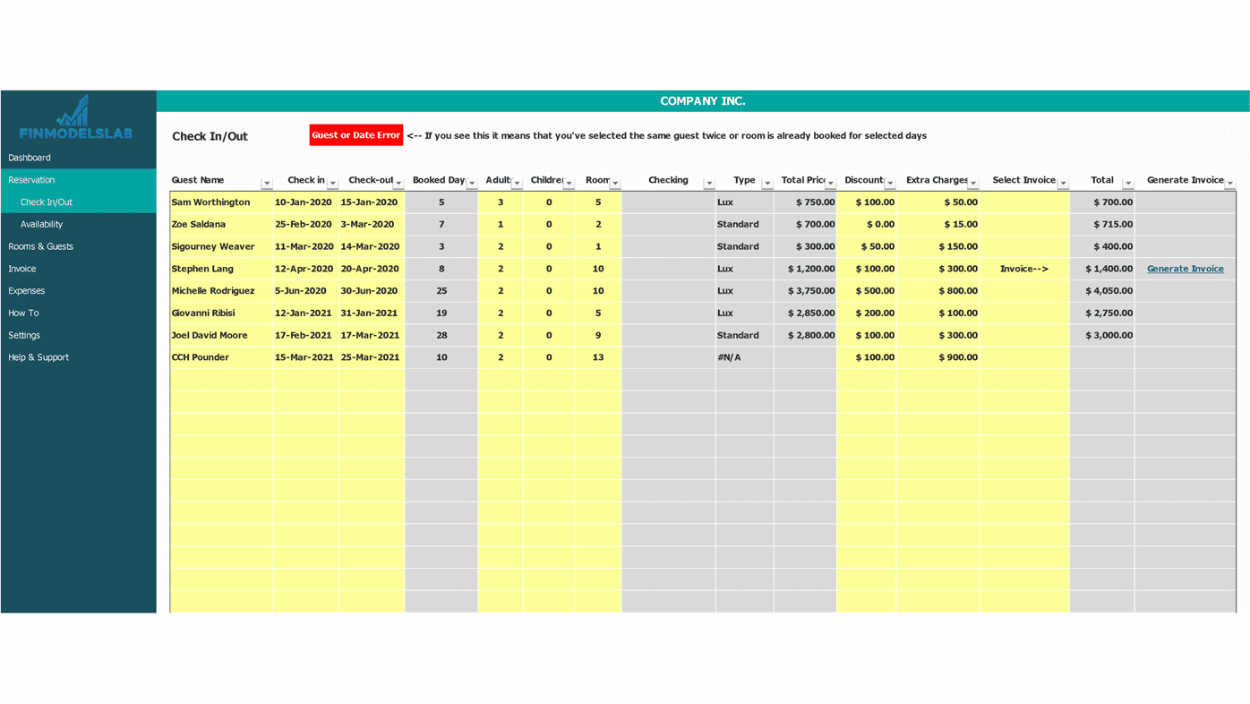 Hotel Booking Template In Excel