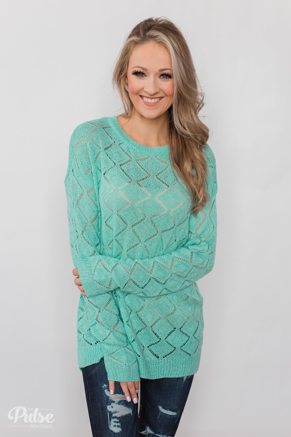 Long Sleeve Pointelle Knitted Sweater Mint The Pulse Boutique