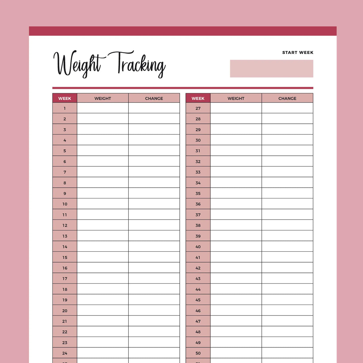 Printable Body Weight Tracking Sheet Instant Download Pdf Plan