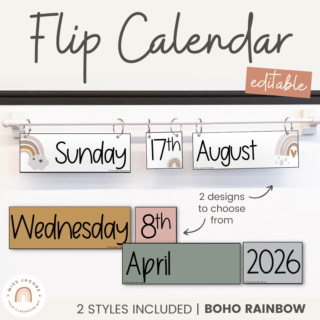Flip Calendar Boho Rainbow Classroom Decor Neutral Rainbow Theme