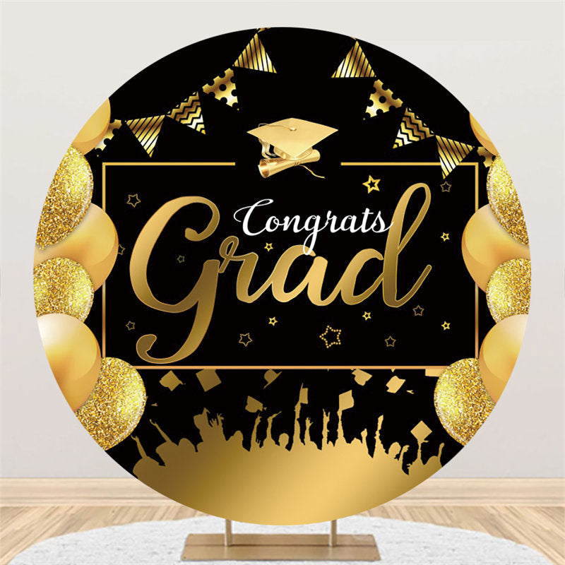 Gold Glitter Balloons Round Black Congrats Grad Backdrop Lofaris