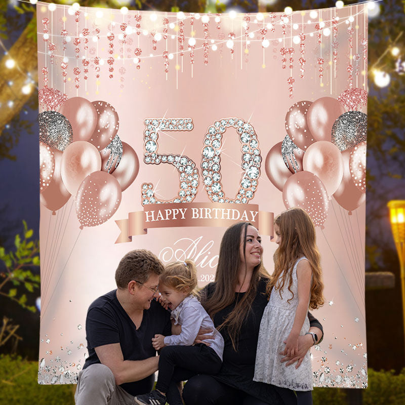 Personalized Rose Gold Glitter 50th Birthday Backdrop Lofaris