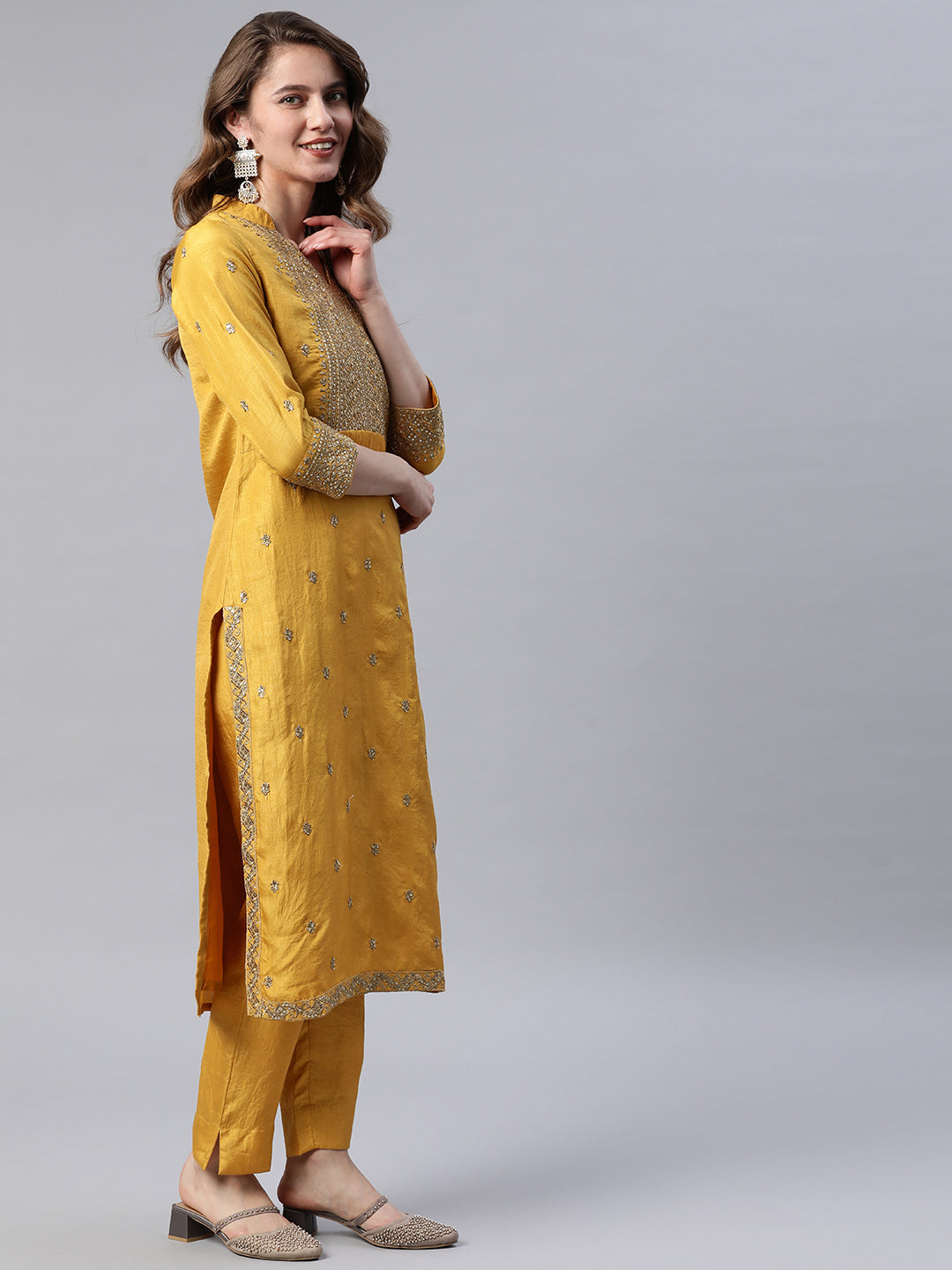 Cottinfab Women Mustard Yellow Ethnic Motifs Embroidered Sequinned Kur