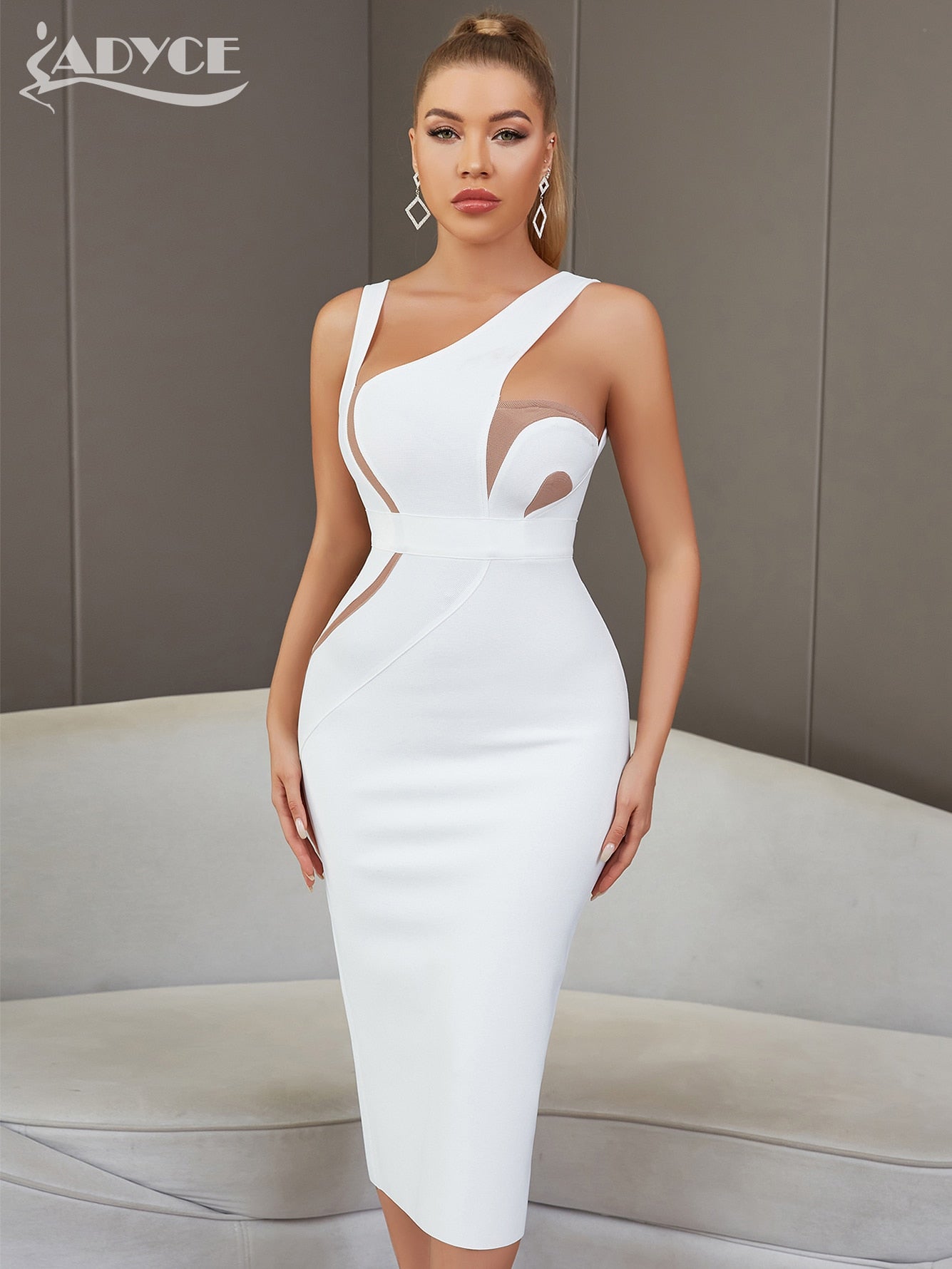 Women Elegant Sexy Backless White Midi Bodycon Bandage Dress