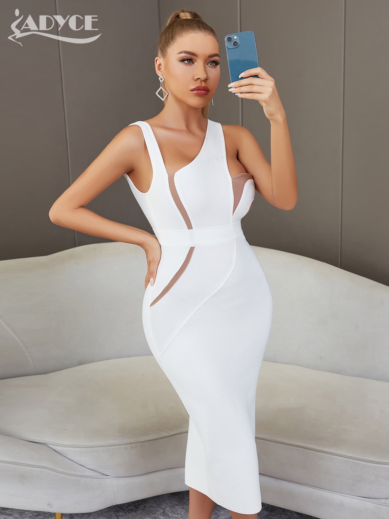 Women Elegant Sexy Backless White Midi Bodycon Bandage Dress