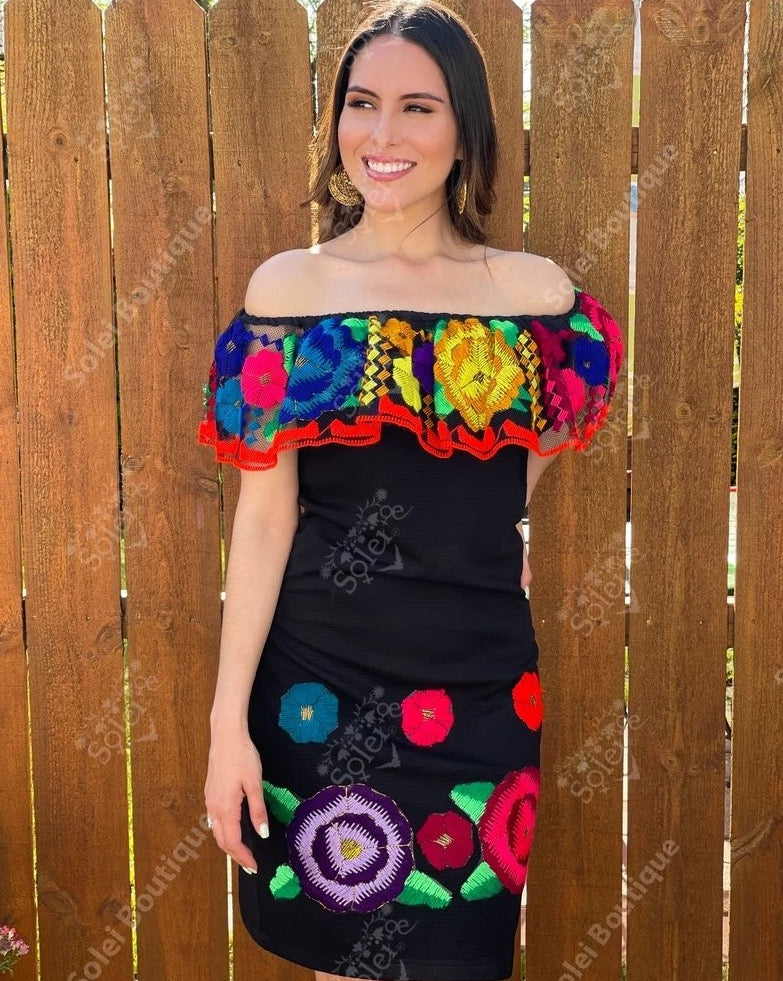 Mexican Hand Embroidered Floral Dress Vestido Mini Chiapaneco Solei