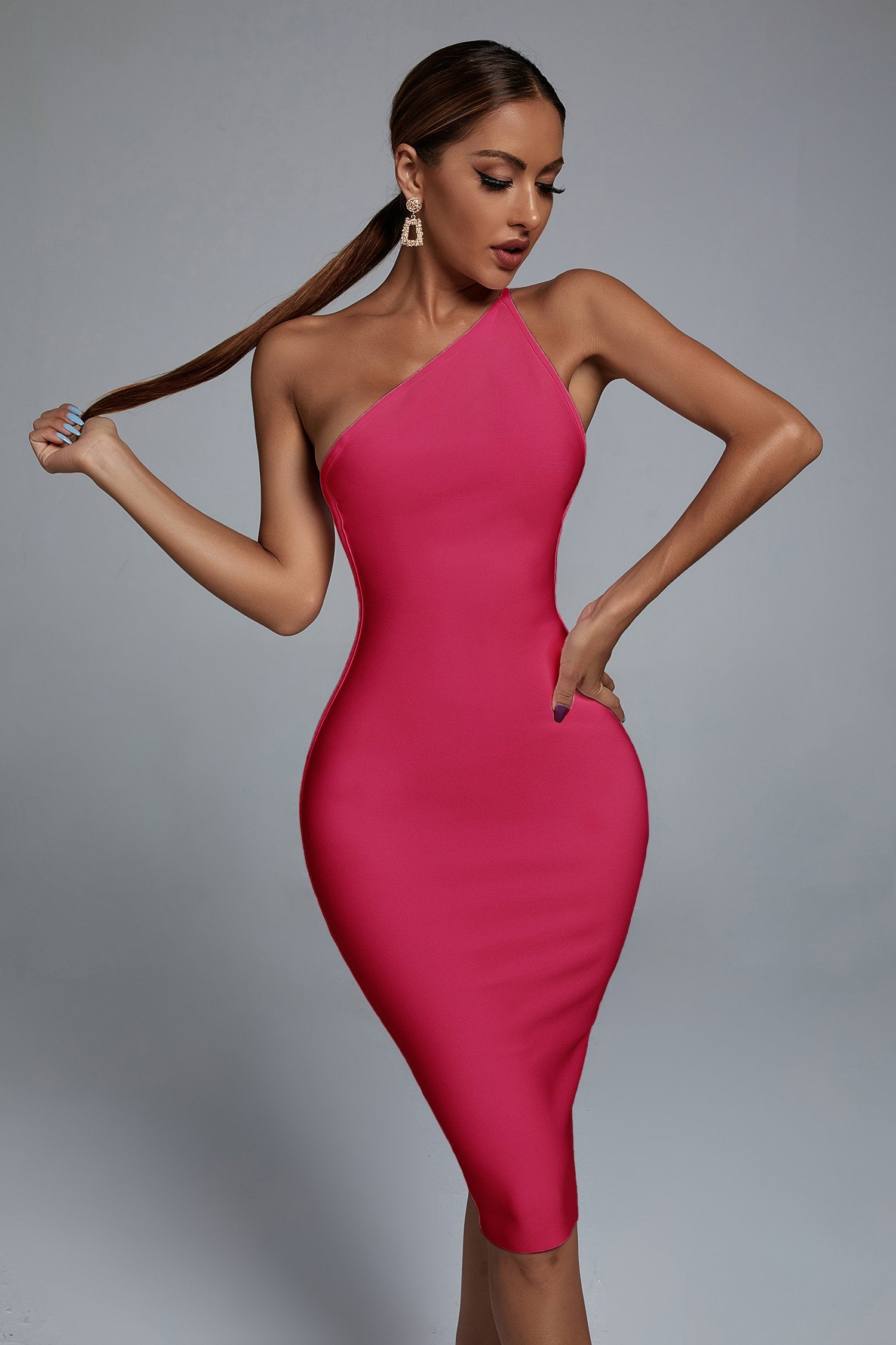 One Shoulder Dress Pink Midi Dress Cocktail Dress Bellabarnett