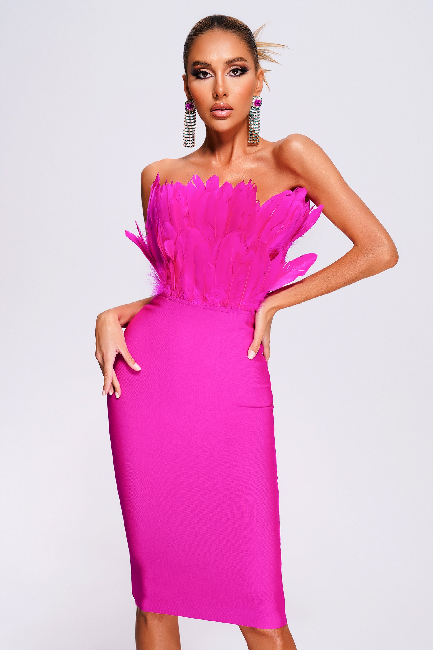 Parry Feather Strapless Midi Bandage Dress Bellabarnett