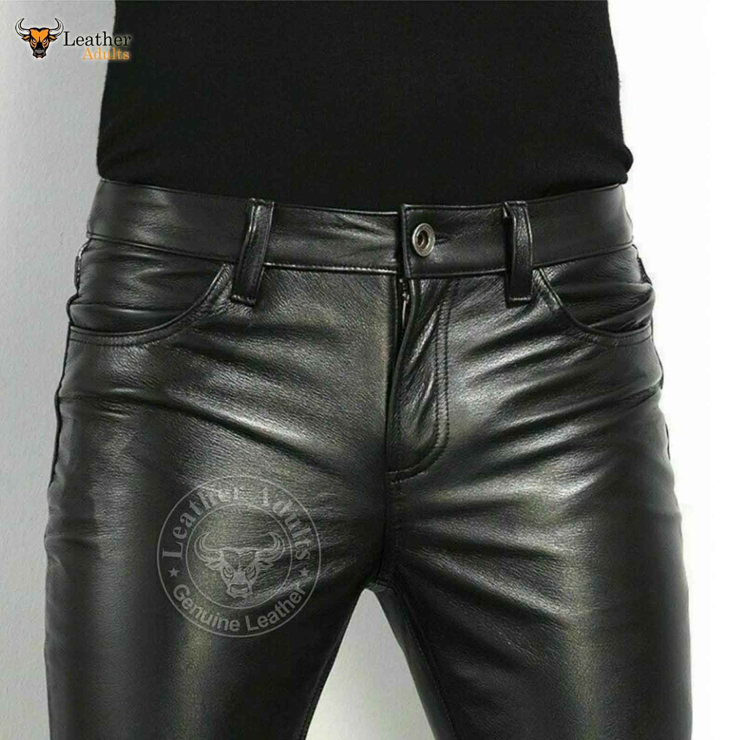 Mens Black Real Leather Famous Levi 501 Style Pant Trousers Hot Jeans