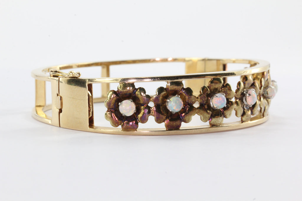 Retro 1960s 14k Yellow Gold Opal Floral Bangle Bracelet — Queen May