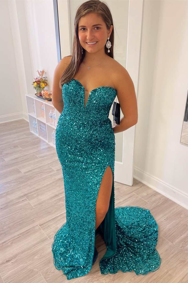 Red Sequin Strapless Mermaid Long Prom Dress With Slit Dreamdressy