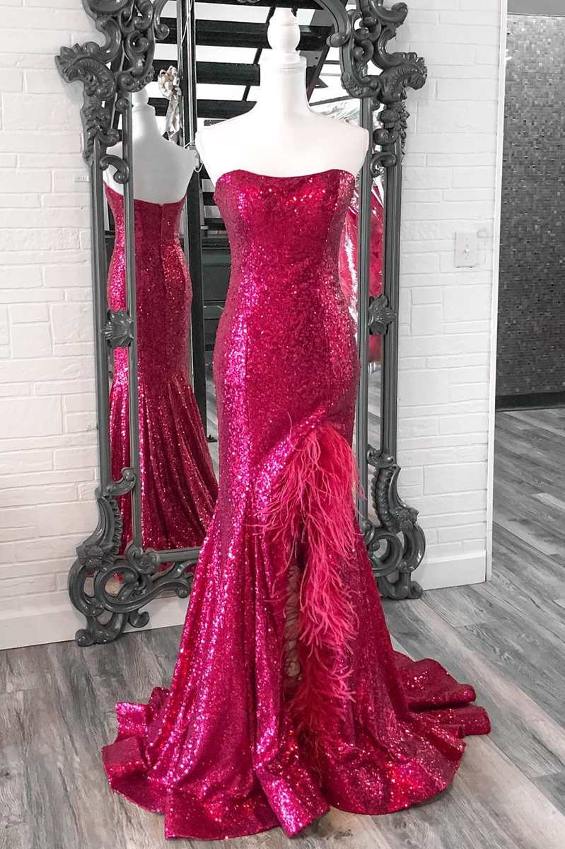 Fuchsia Sequin Feather Strapless Mermaid Long Prom Dress With Slit