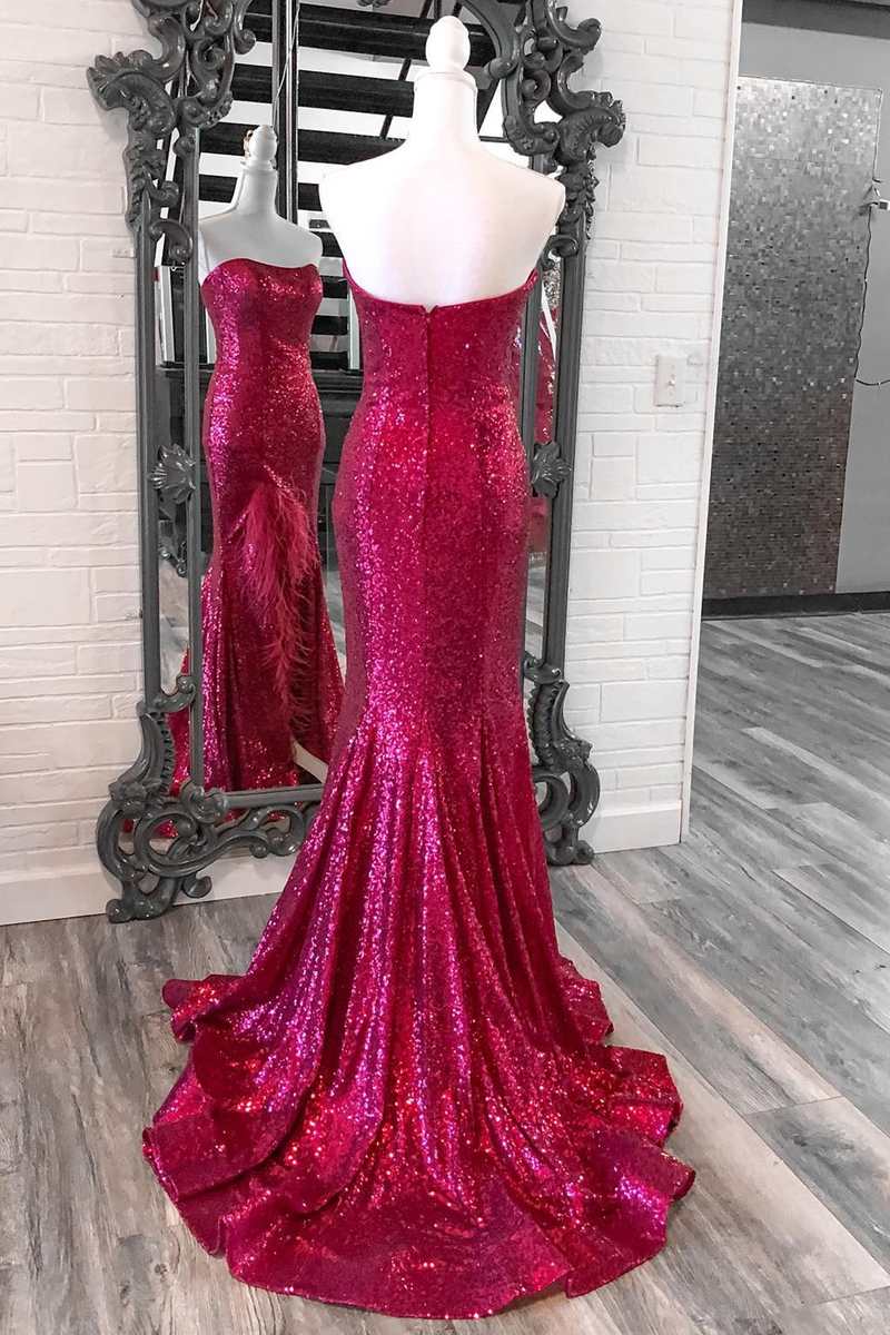 Fuchsia Sequin Feather Strapless Mermaid Long Prom Dress With Slit