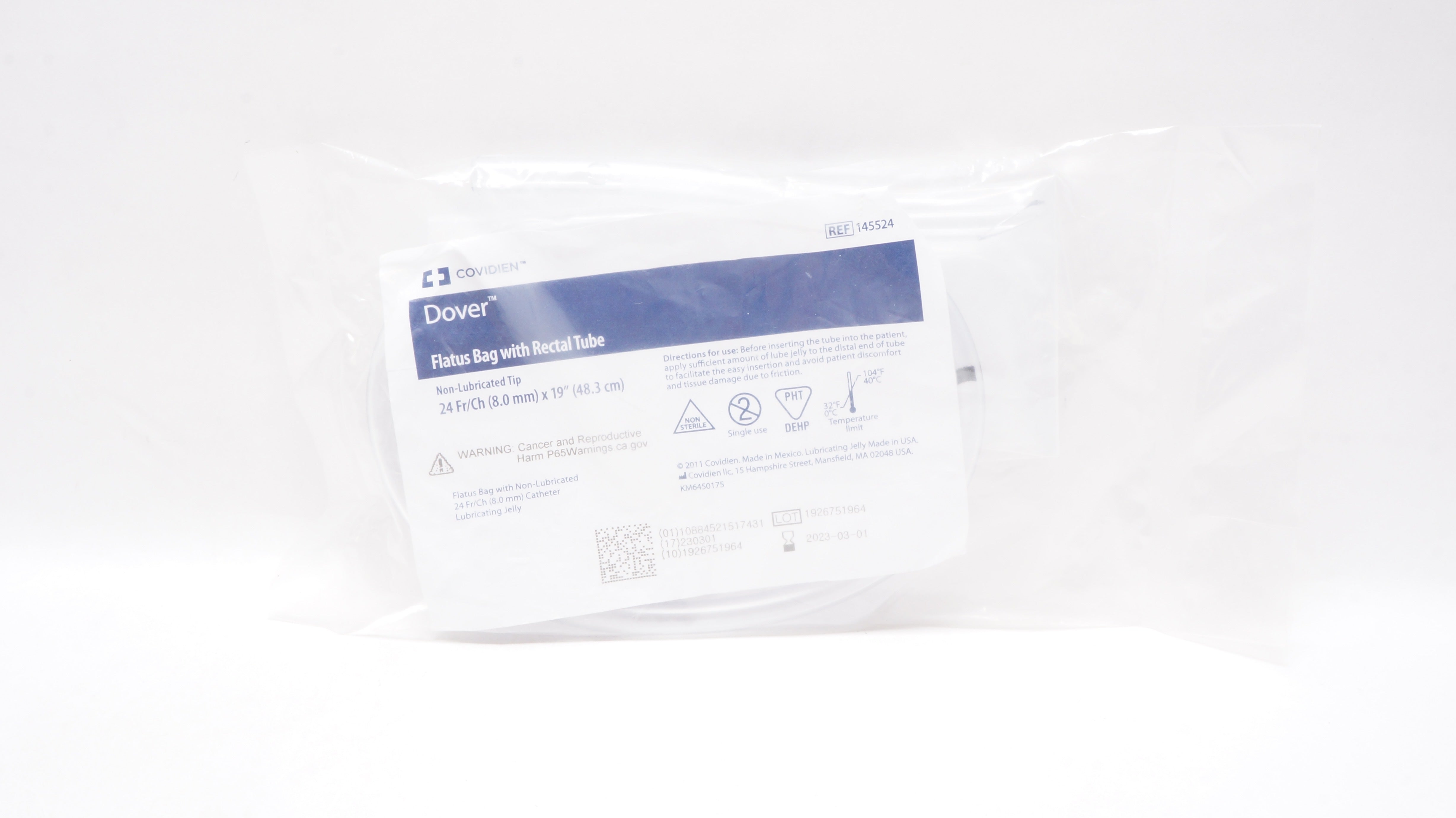 Covidien 145524 Dover Flatus Bag With Rectal Tube 24fr X 19inch X