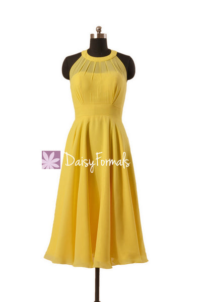 Halterneck Bridesmaid Dress Tea Length Maize Yellow Chiffon Party Dres