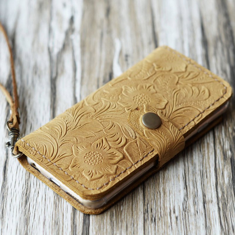 Tooled Leather Iphone Wallet Case Tan 408h Extra Studio