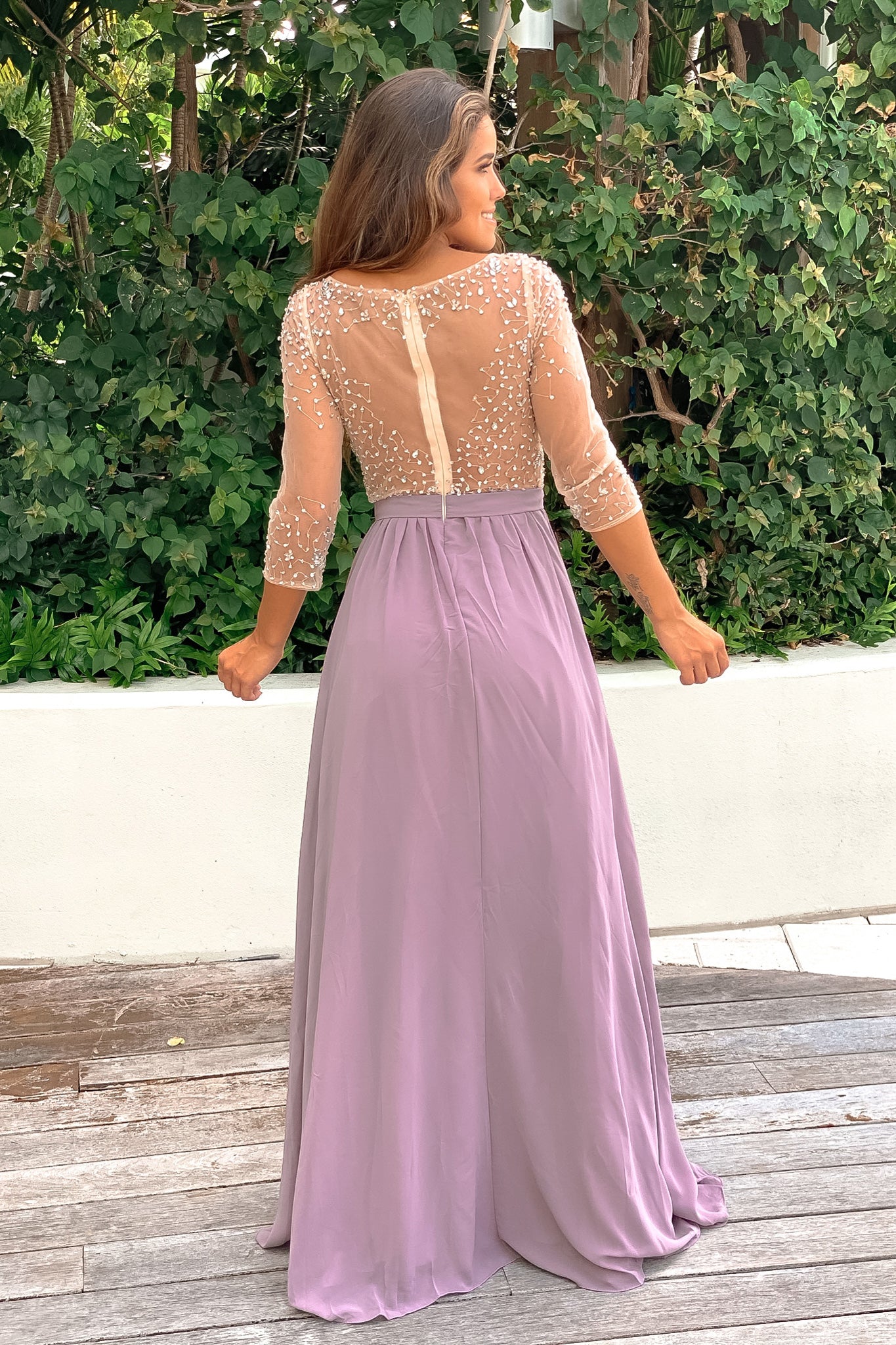 Mauve Maxi Dress With Silver Jewels And 34 Sleeves Formal Dresses