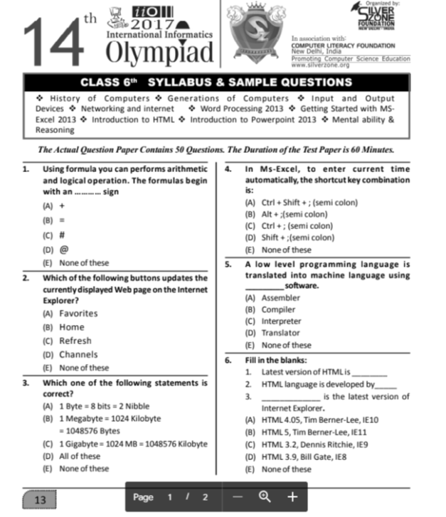 Nco Cyber Olympiad Sample Papers For Class 6 Olympiad Tester