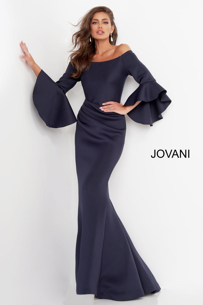 Jovani 59993 Scuba Off The Shoulder Bell Sleeves Evening Dress Formal