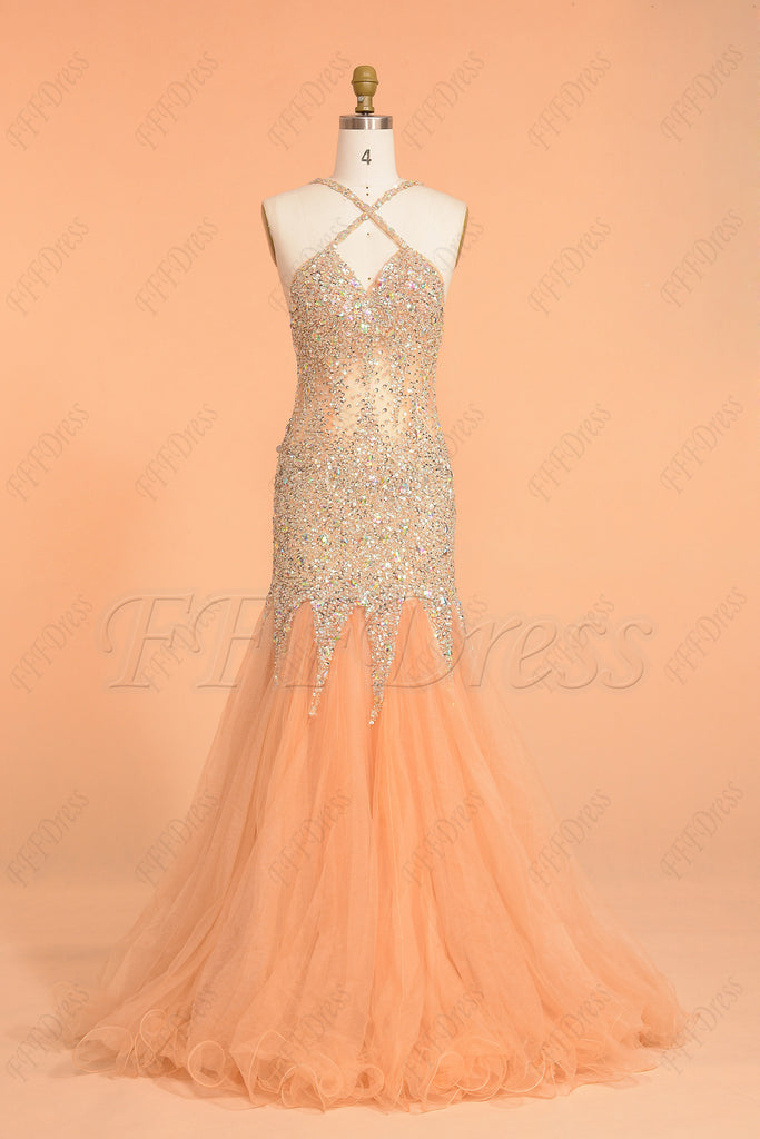 Backless Beaded Mermaid Long Prom Dresses Champagne Mypromdress