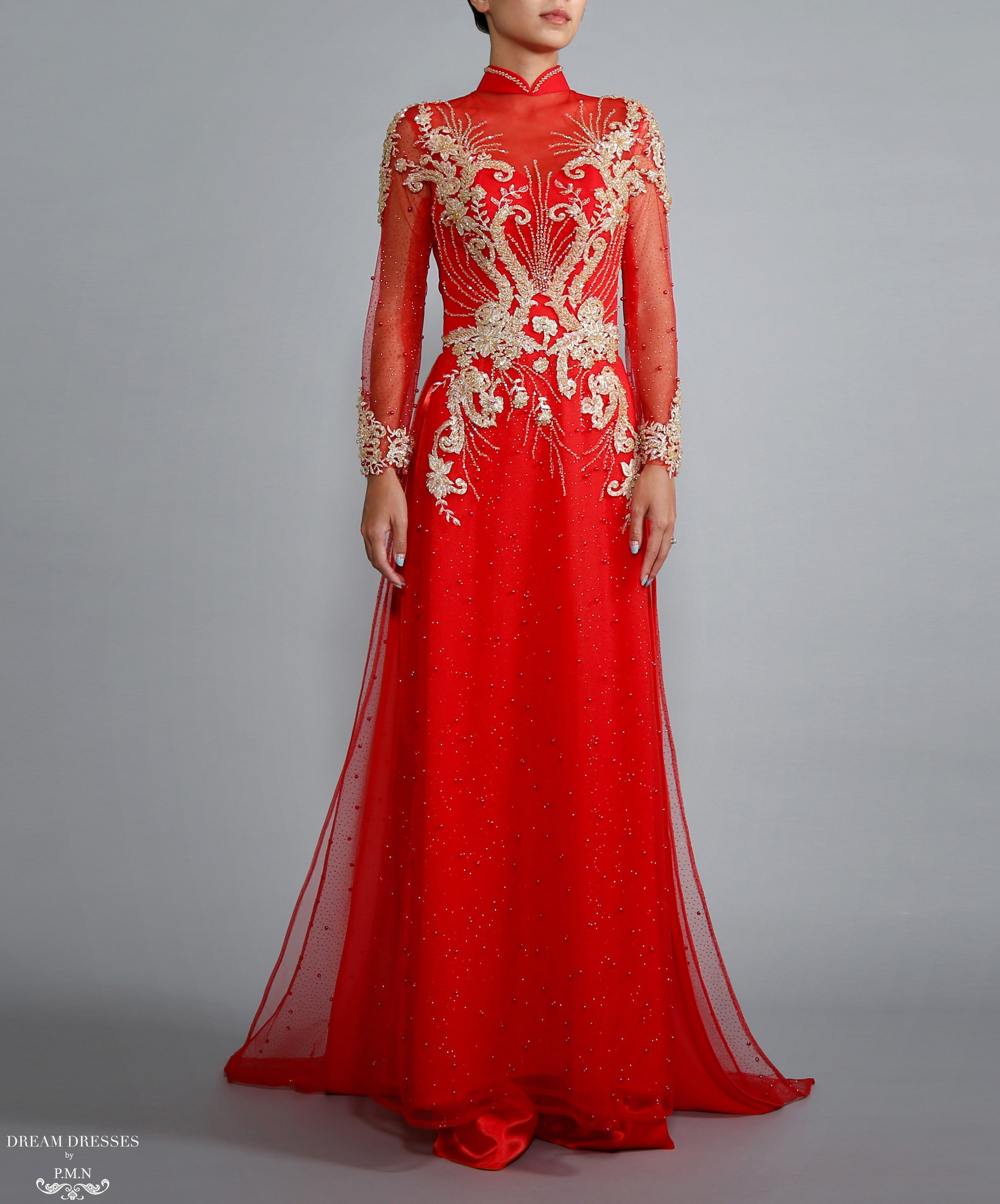 Red And Gold Ao Dai Vietnamese Bridal Dress With Embellishment