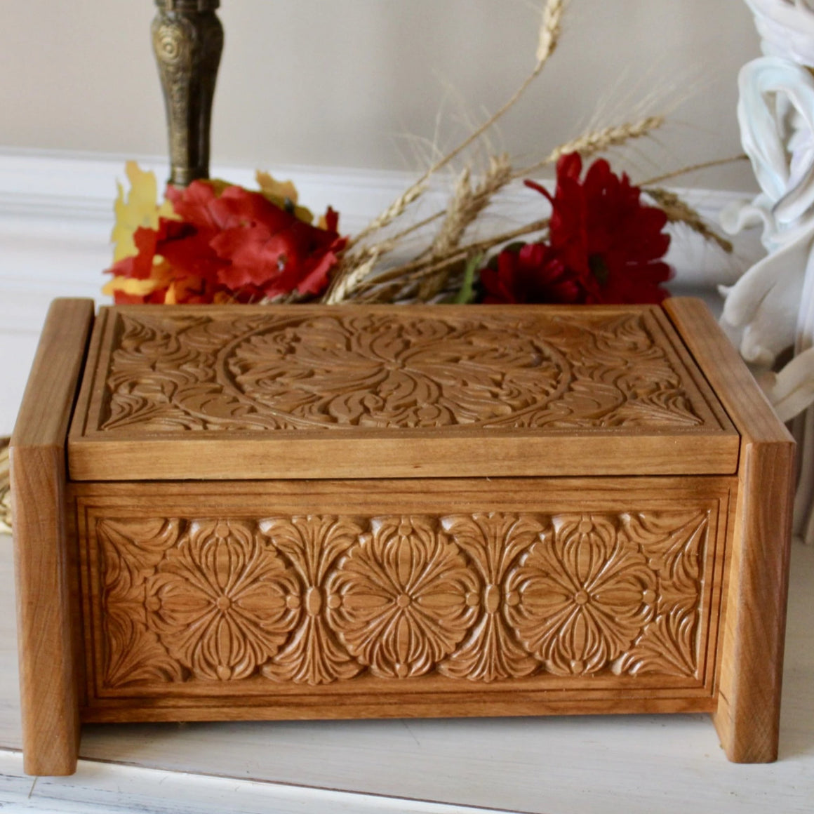 Elegant Handmade Cremation Urn Box For Human Ashes Ornate Light Finish