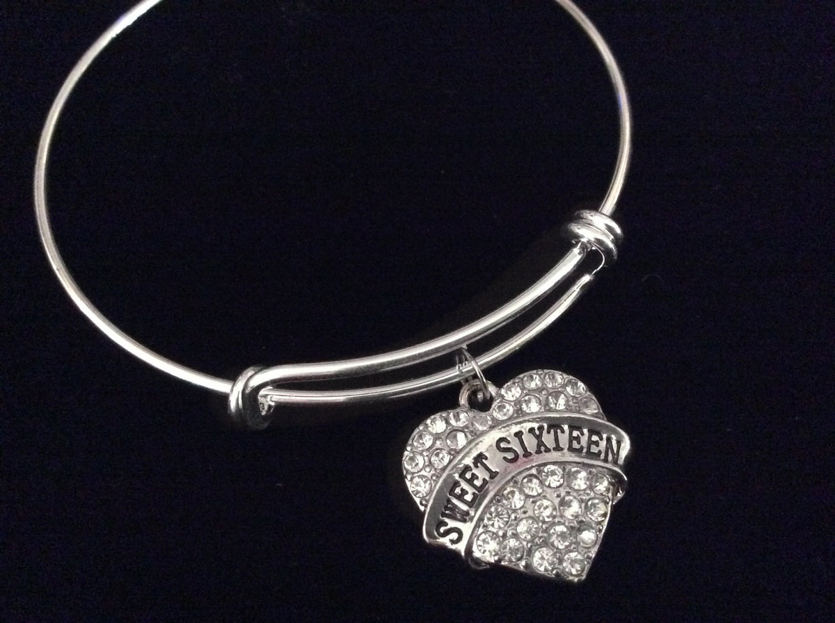 Crystal Heart Sweet 16 Silver Expandable Charm Bracelet Adjustable Ban