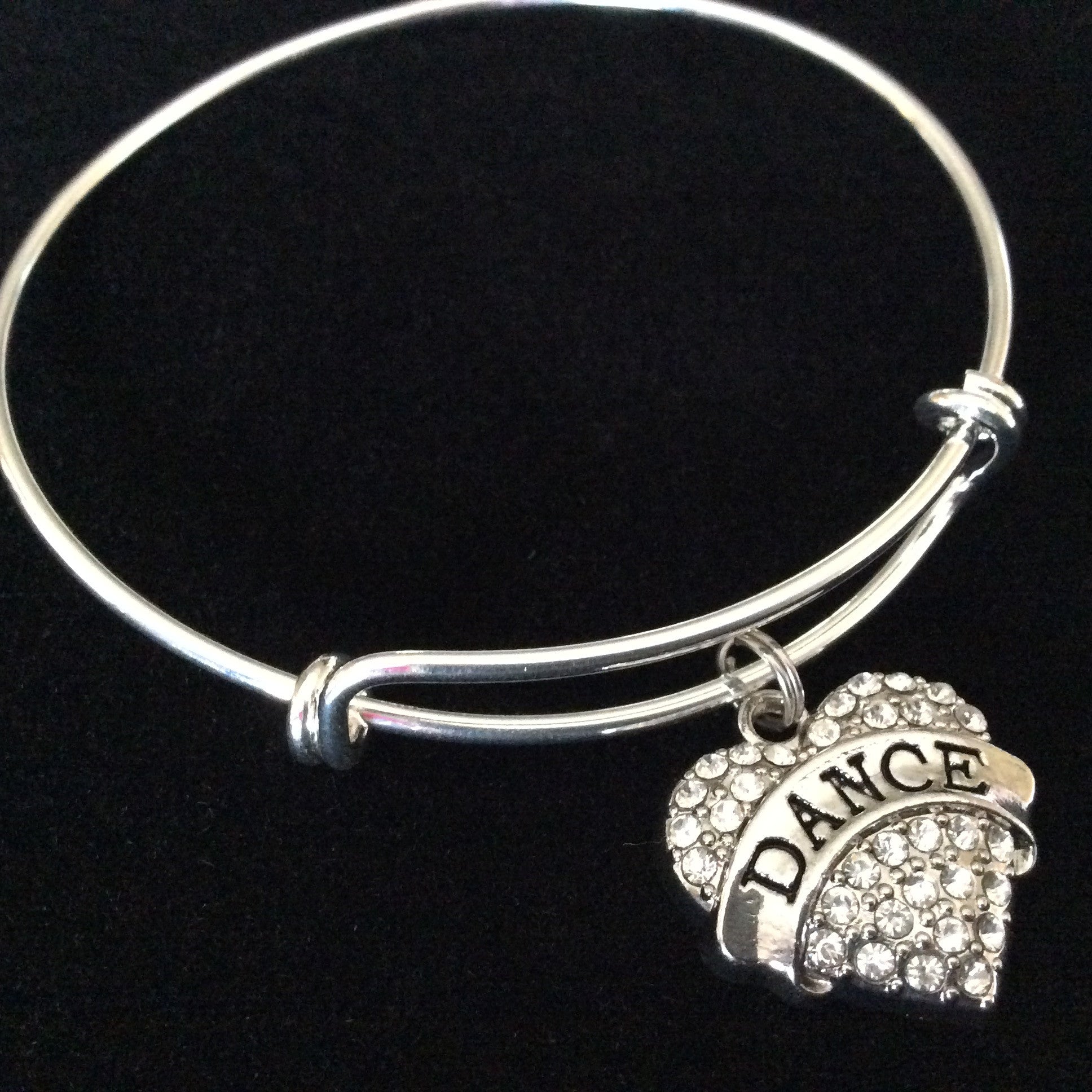 Dance Crystal Heart Expandable Silver Charm Bracelet Adjustable Bangle