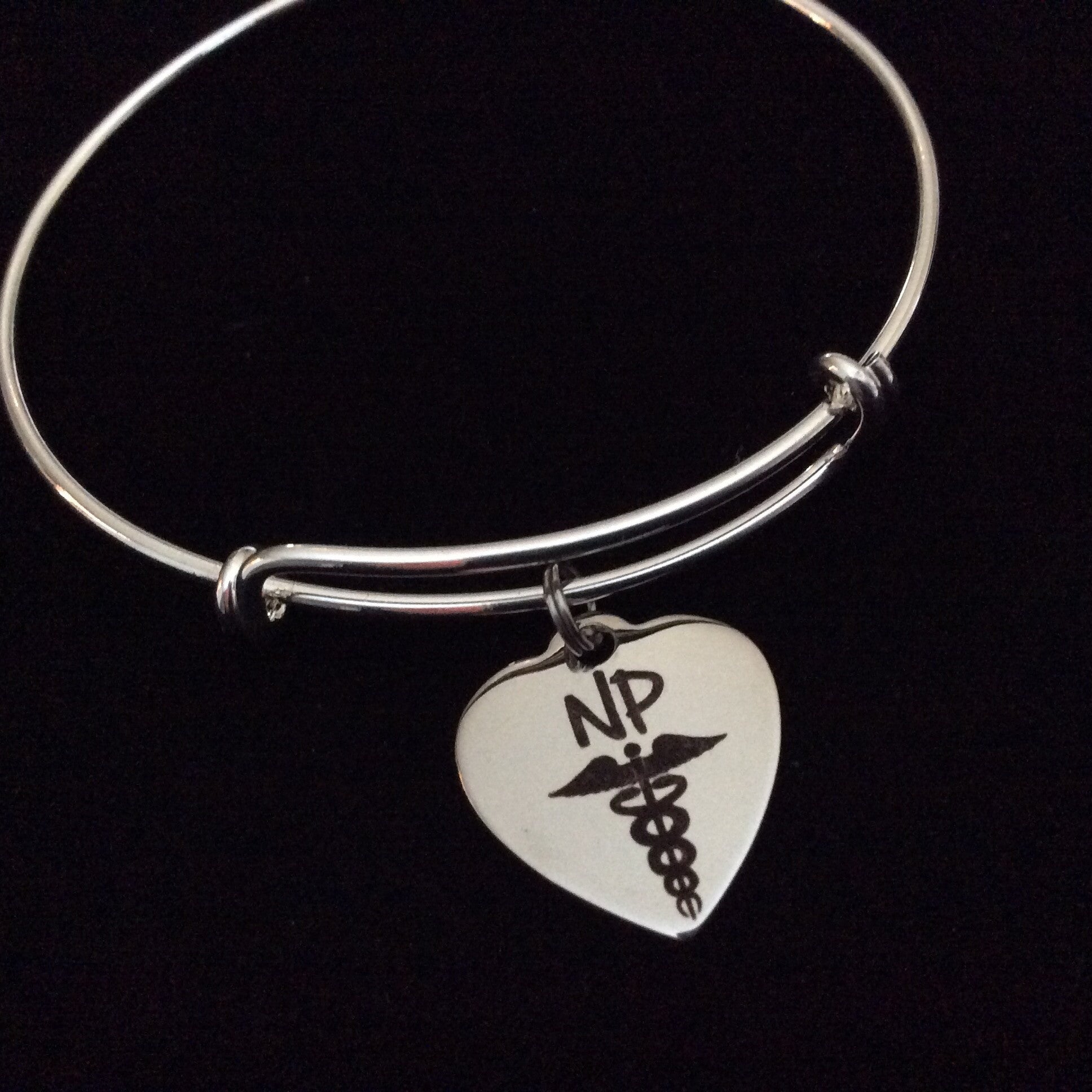 Np Heart Stainless Steel Charm On Silver Bracelet Expandable Adjustabl