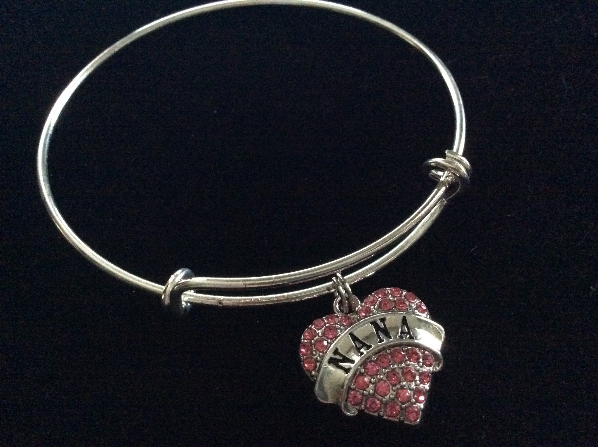 Pink Nana Crystal Heart Silver Charm Bracelet Adjustable Wire Bangle E