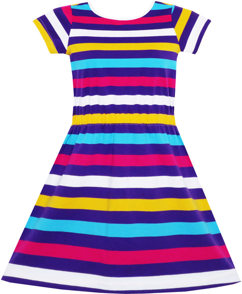 Girls Dress Colorful Striped Knitted Cotton Stretch School Sunny Fashion