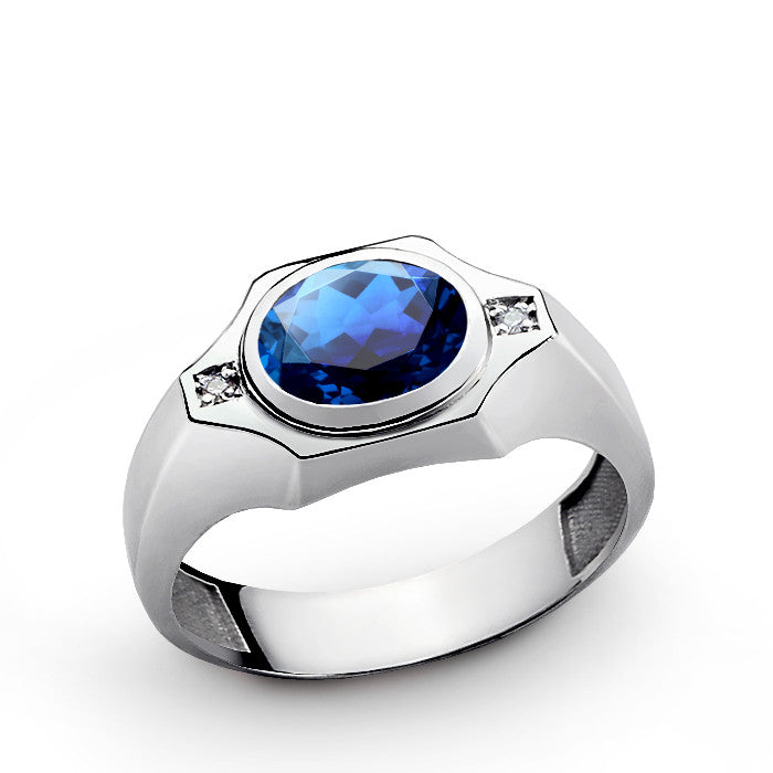 Blue Sapphire Mens Ring With Genuine Diamonds In Sterling Silver