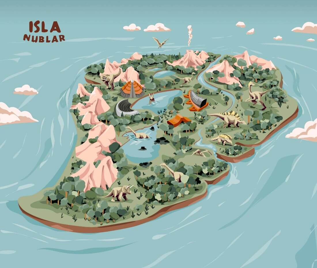 Isla Nublar Jurassic Park Island Map With Dinosaurs Hollywood Movie