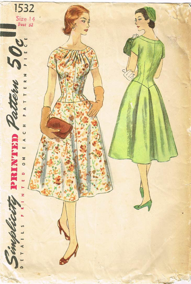 1950s Vintage Simplicity Sewing Pattern 1532 Misses Cocktail Dress Siz