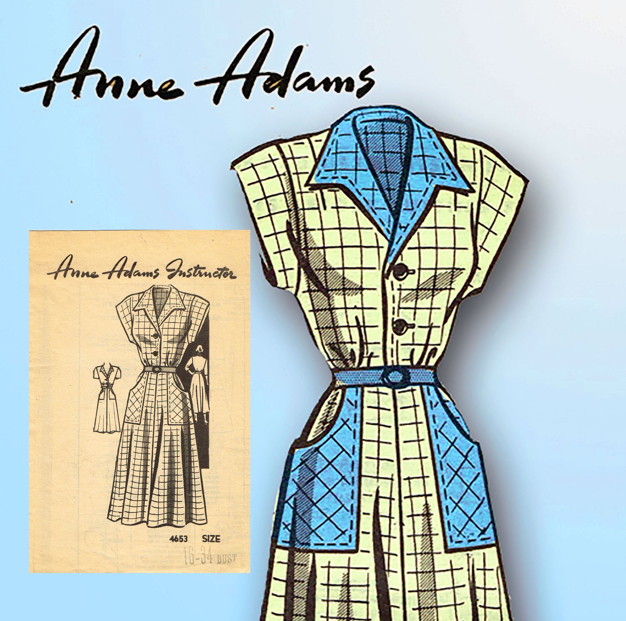 1940s Vintage Anne Adams Sewing Pattern 4653 Misses Shirtwaist Dress