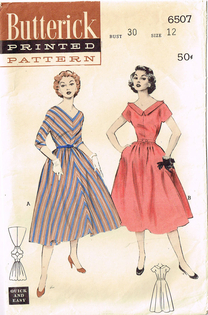 1950s Vintage Butterick Sewing Pattern 6507 Easy Misses Bias Cut Dress