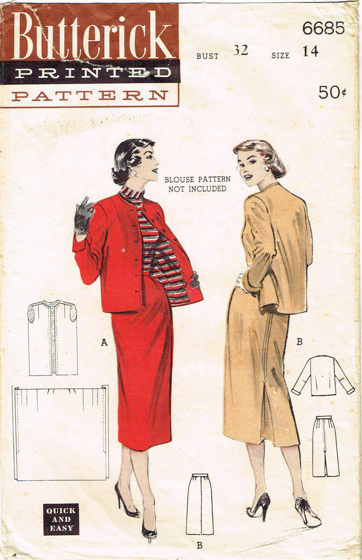 1950s Vintage Butterick Sewing Pattern 6685 Misses Matchstick Suit 32b