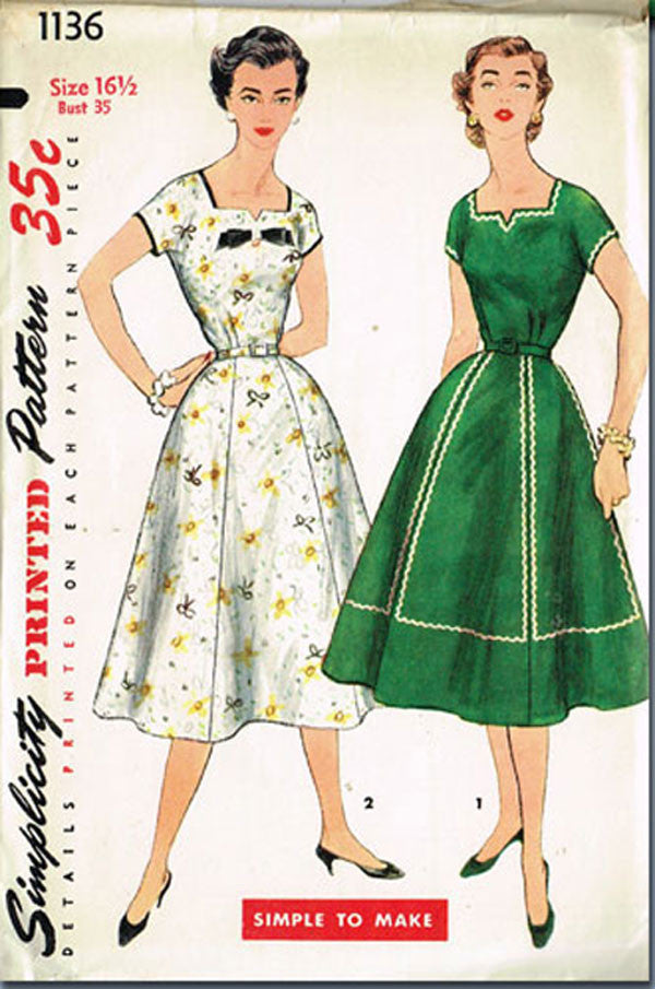 1950s Vintage Simplicity Sewing Pattern 1136 Uncut Misses Simple Day