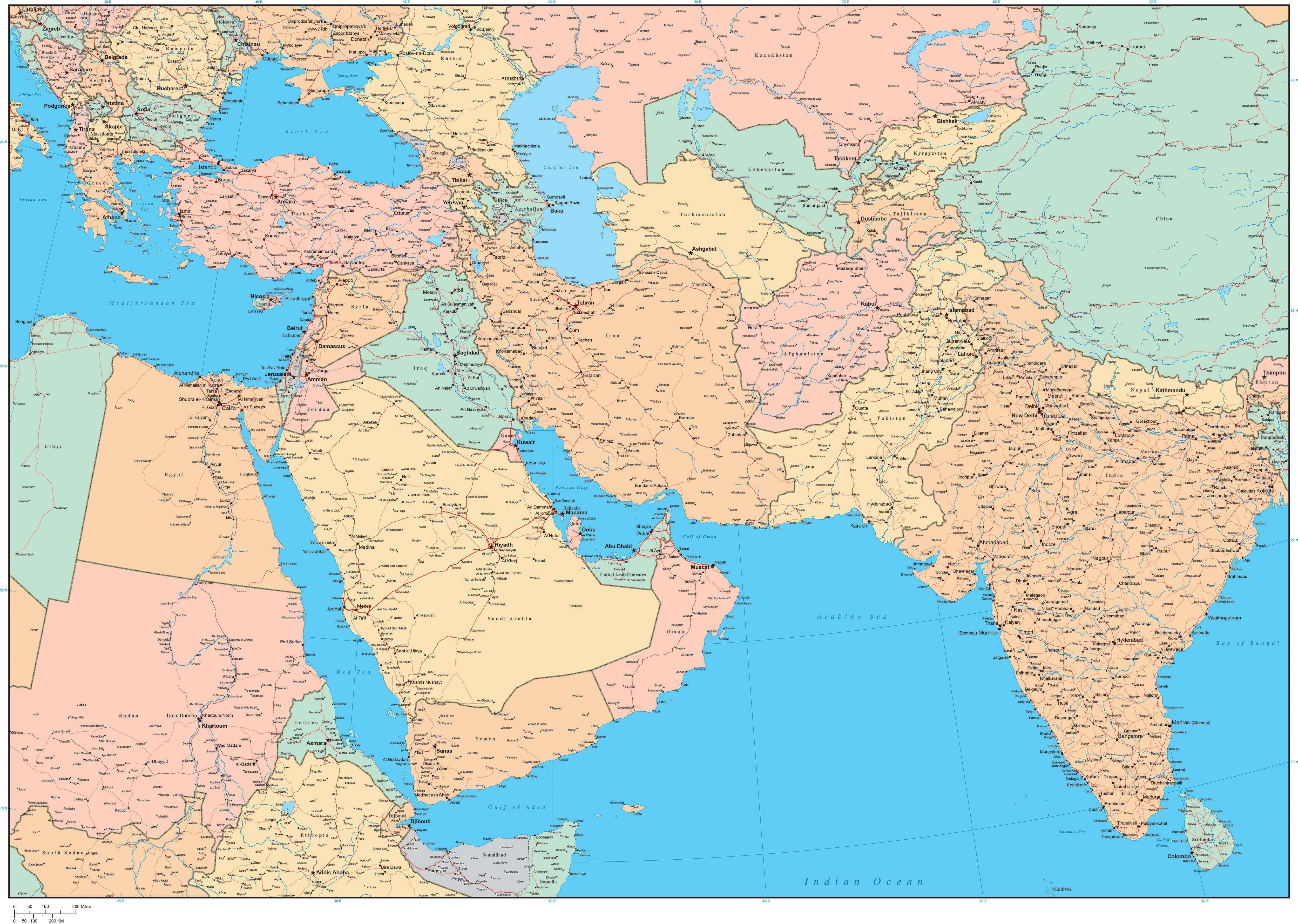 Middle East Map With Roads And Cities In Adobe Illustrator Format