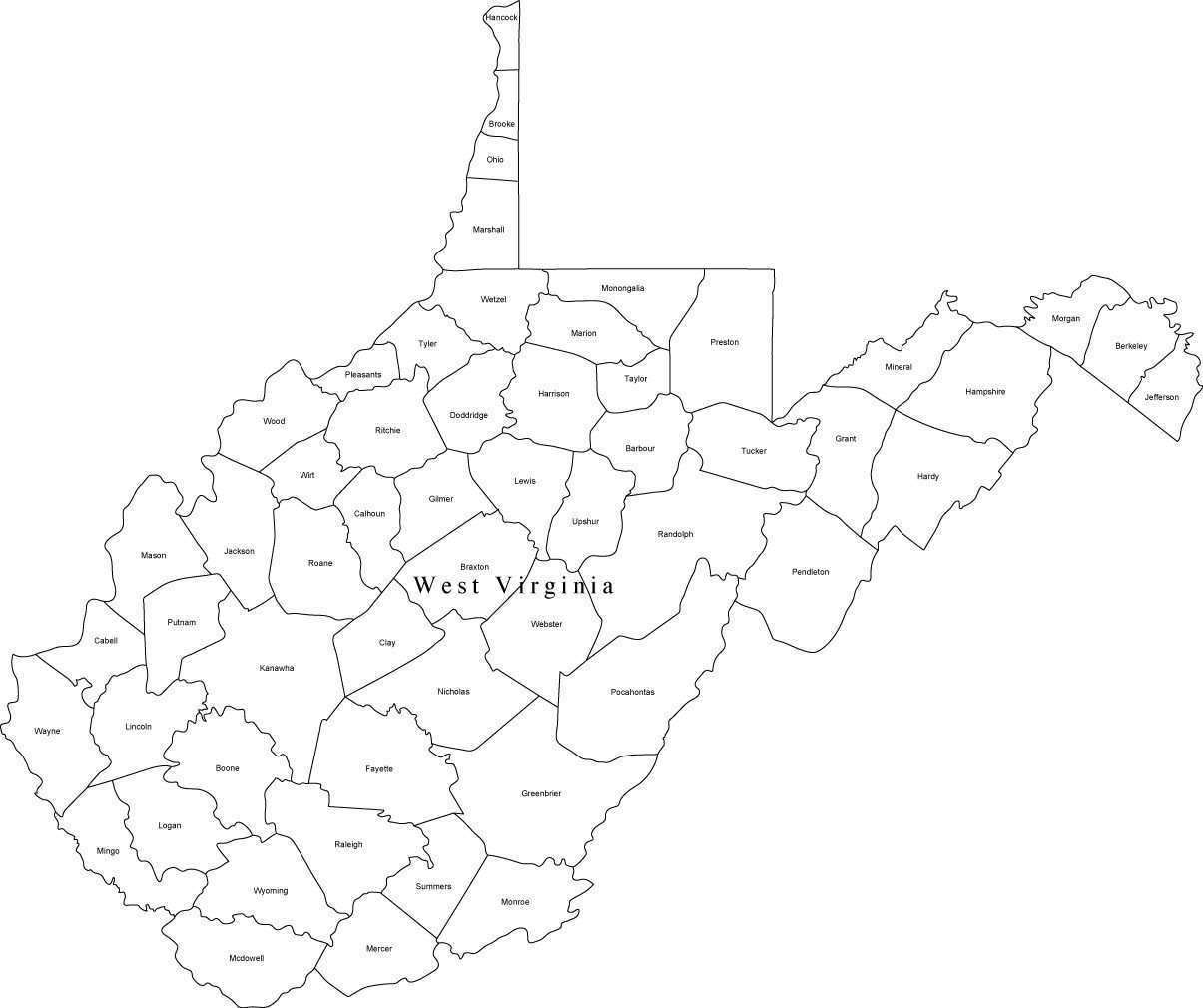 Black And White West Virginia Digital Map With Counties