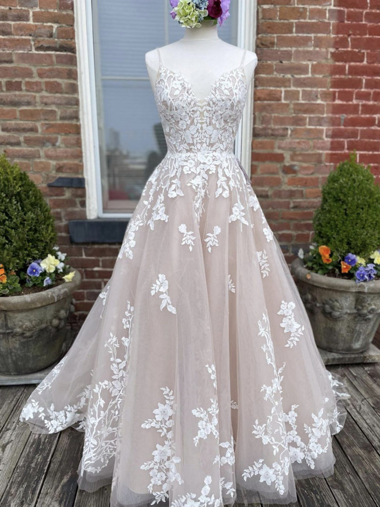 A Line V Neck Champagne Lace Prom Dresses Champagne Lace Formal Eveni