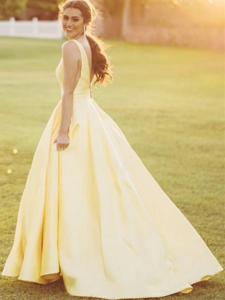 A Line V Neck Yellow Satin Long Prom Dresses Yellow V Neck Long Forma