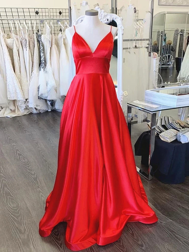 A Line V Neck Red Long Prom Dresses Red V Neck Long Formal Evening Br