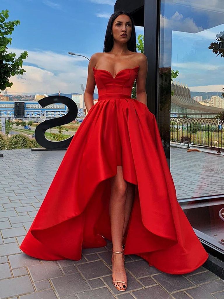 Sweetheart Neck Red High Low Prom Dresses Red High Low Satin Formal G