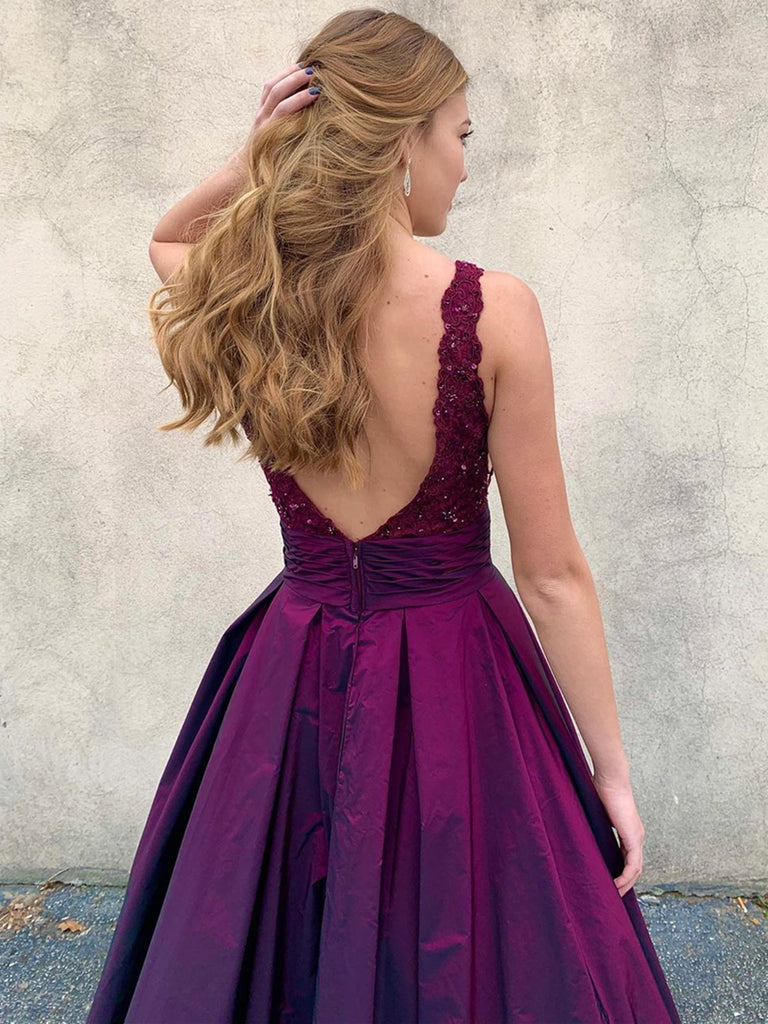 V Neck Backless Purple Lace Prom Dresses V Neck Open Back Purple Lace