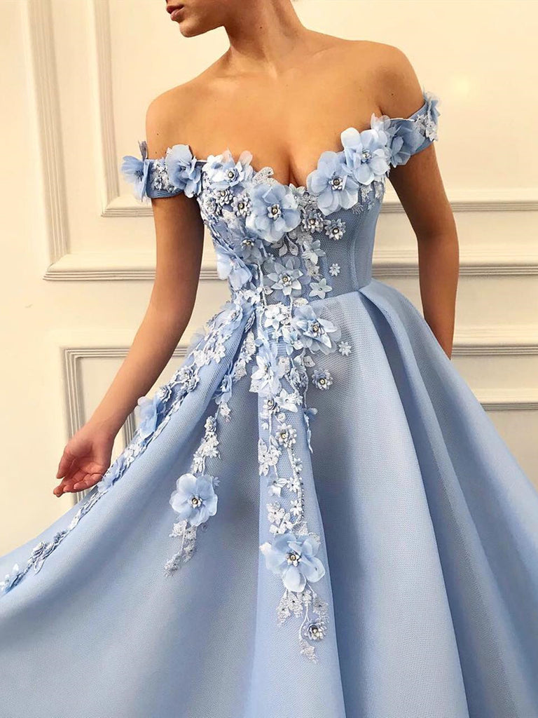 Off Shoulder Blue Lace Prom Dresses Long Blue Floral Off The Shoulder