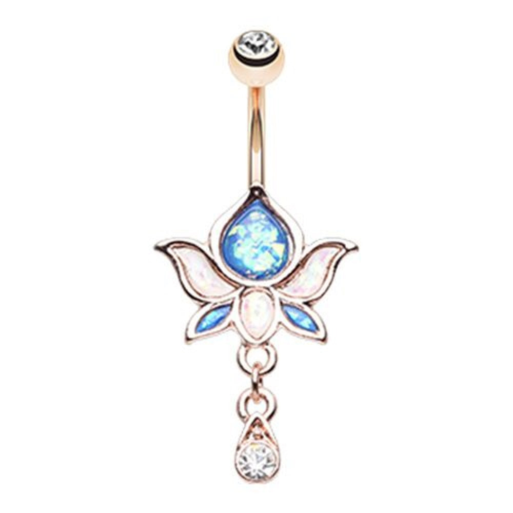 Rose Gold Opal Lotus Flower Drop Dangle Wildlklass Belly Button Ring