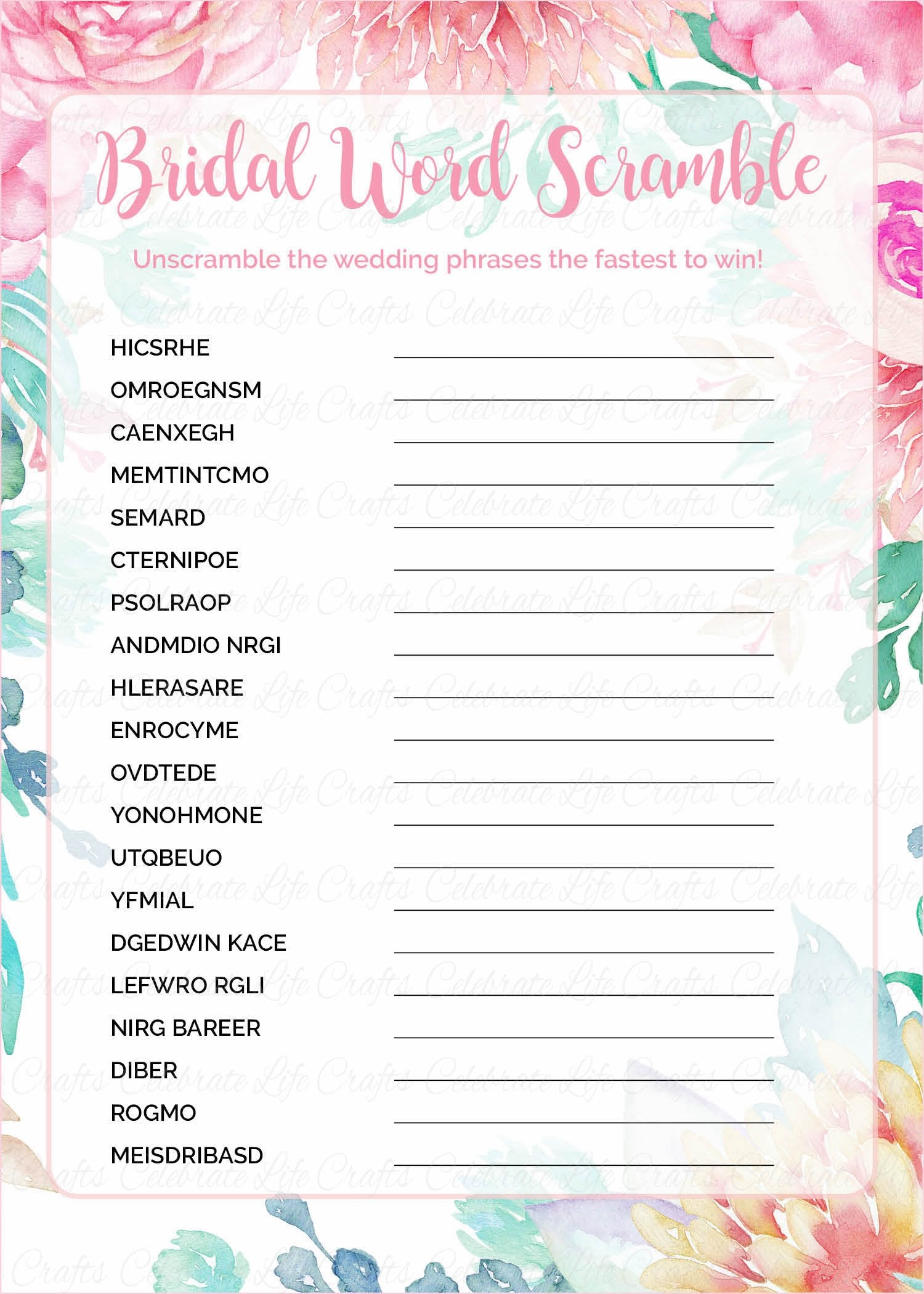 Free Printable Bridal Shower Games Word Scramble