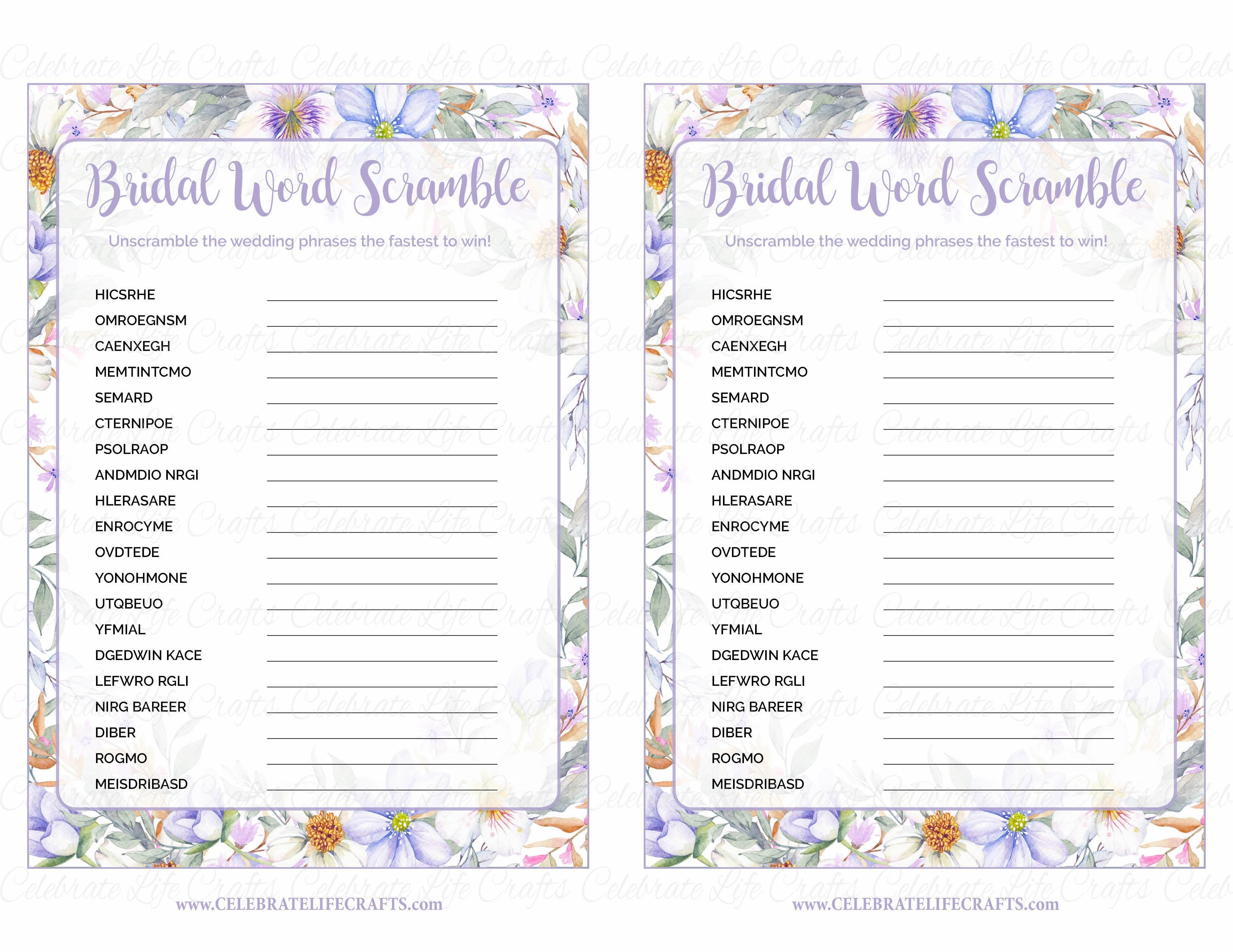 Word Scramble Bridal Shower Game Purple Floral Wedding Shower Theme