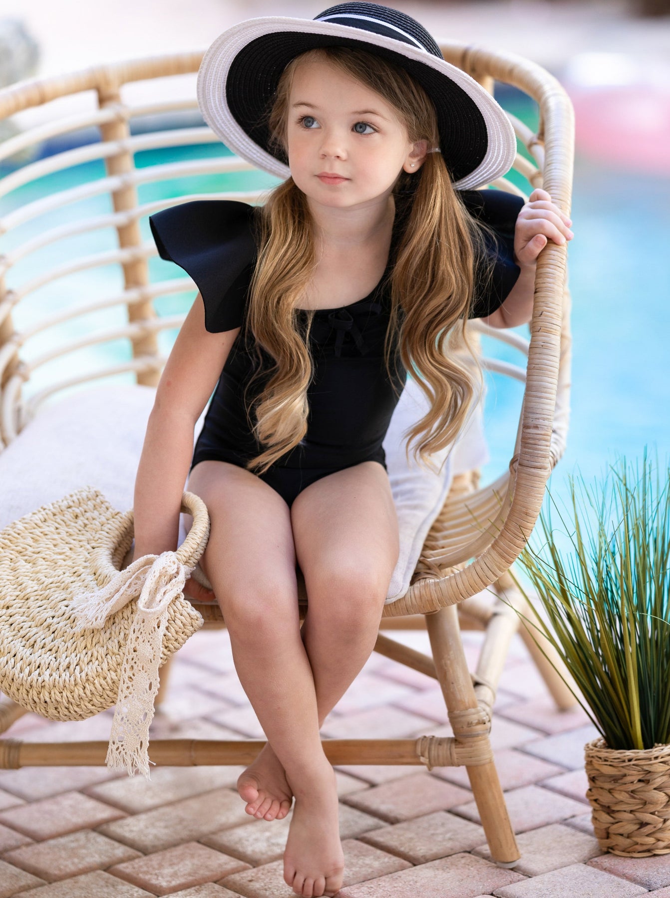 Girls Vacay Vibes Ruffled Shoulder Black One Piece Swimsuit Mia Belle